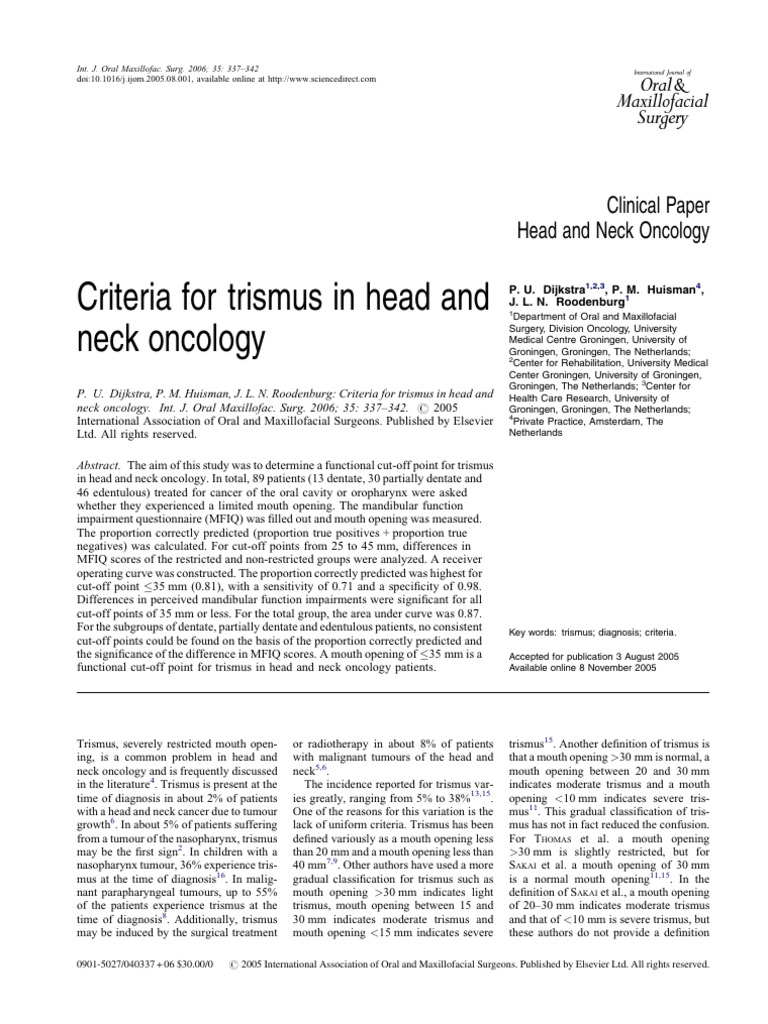 Criteria For Trismus in HNC | PDF | Sensitivity And Specificity | Oncology