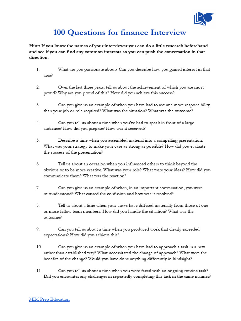 100 Questions For Finance Interview | PDF | Discounted Cash Flow ...