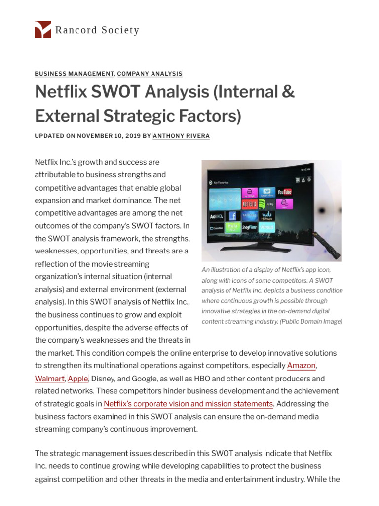 Netflix SWOT Analysis (Internal & External Strategic Factors) - Rancord ...