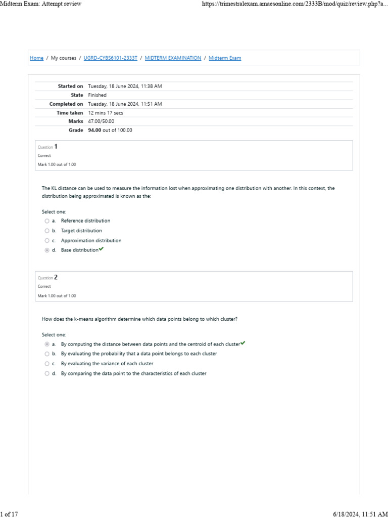 AIMidterm Exam_ Attempt review | PDF | Cluster Analysis | Artificial Neural Network