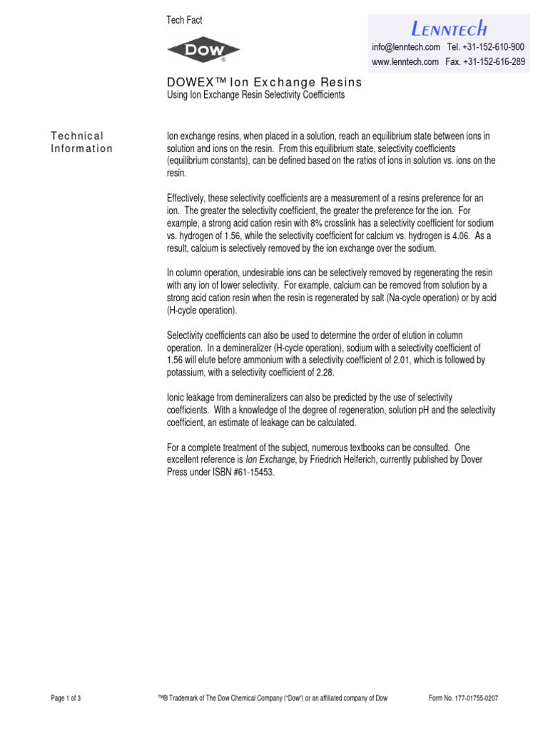 Dowex Ion Exchange Resins Using Selectivity Coefficients L | PDF | Ion | Chemical Equilibrium