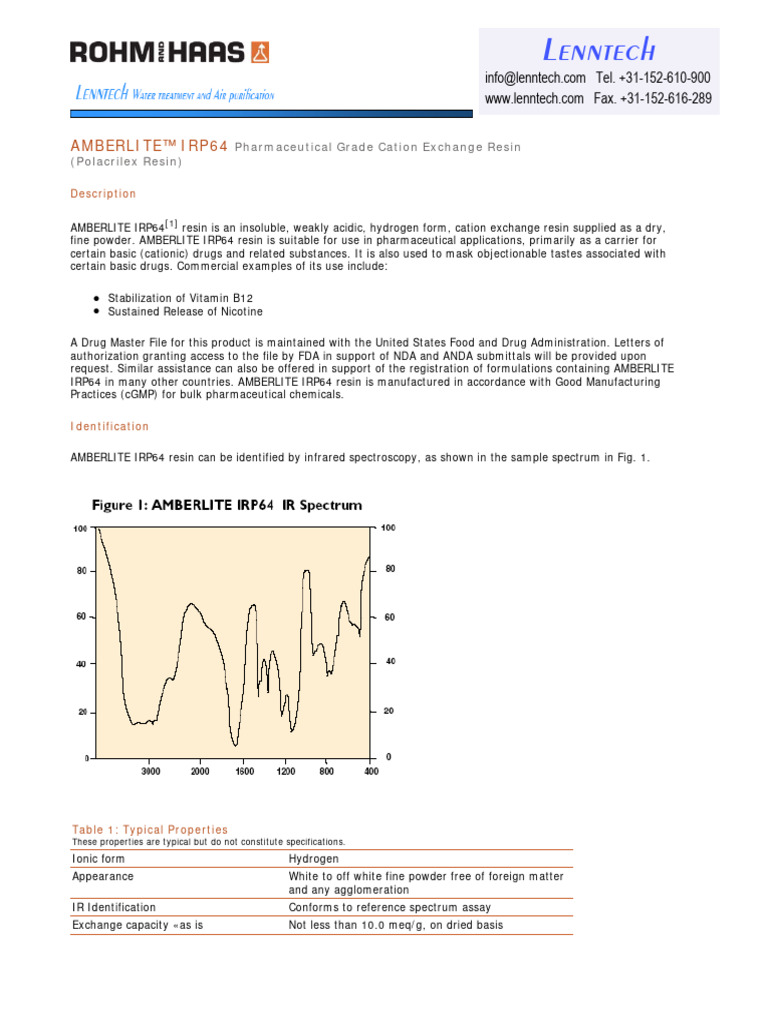 Rohm & Haas Amberlite IRP 64 L | PDF | Acid | Ion Exchange
