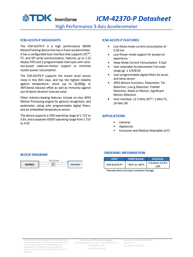 TDK - DS 000546 ICM 42370 P v1 - 0 | PDF | Accelerometer | Electronics
