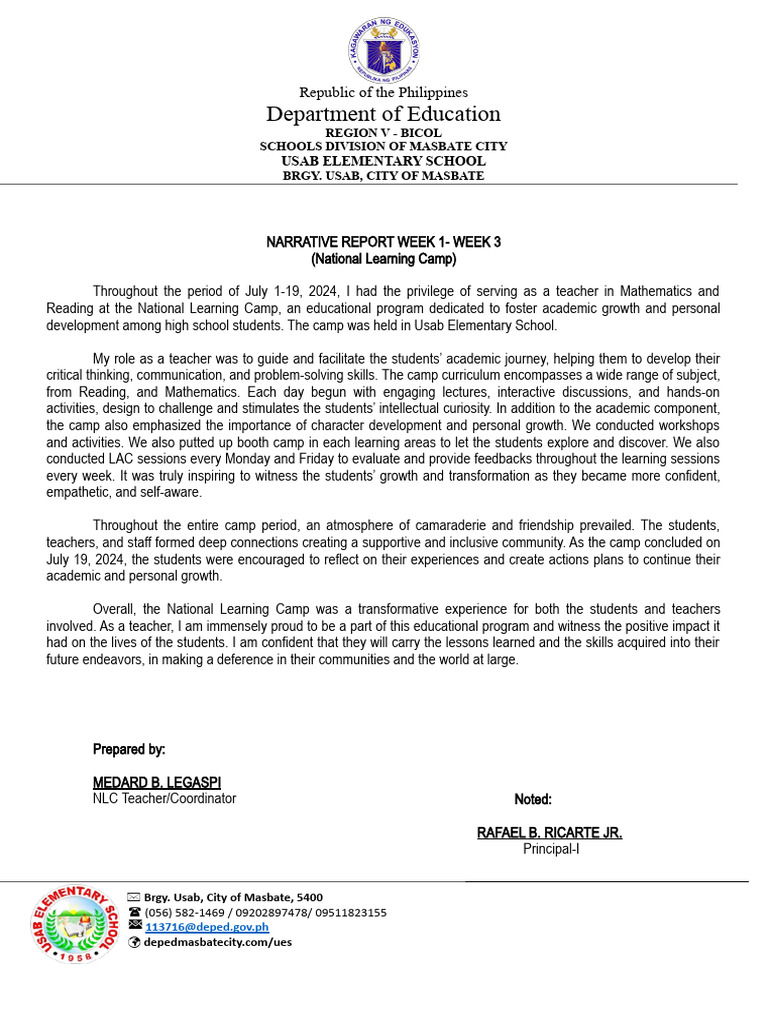 NLC NARRATIVE REPORT | PDF | Teachers | Learning