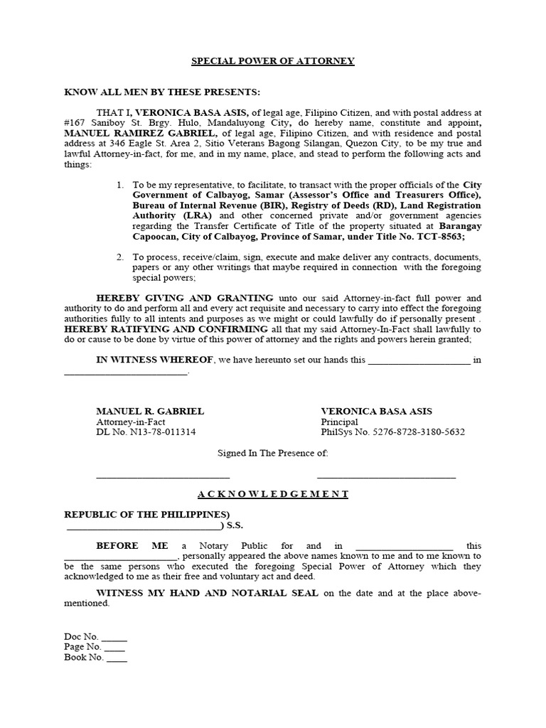 Special Power of Attorney Veronica Asis Manuel Gabriel | PDF | Power Of ...