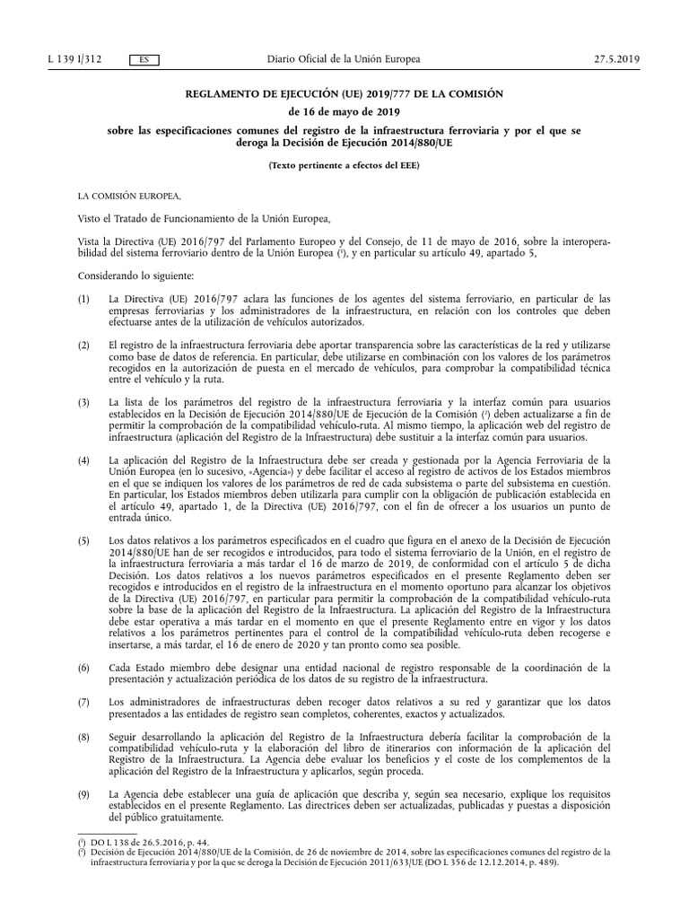 Reglamento (UE) #2019 - 777 Especificaciones RIF | PDF | Comisión Europea | Unión Europea