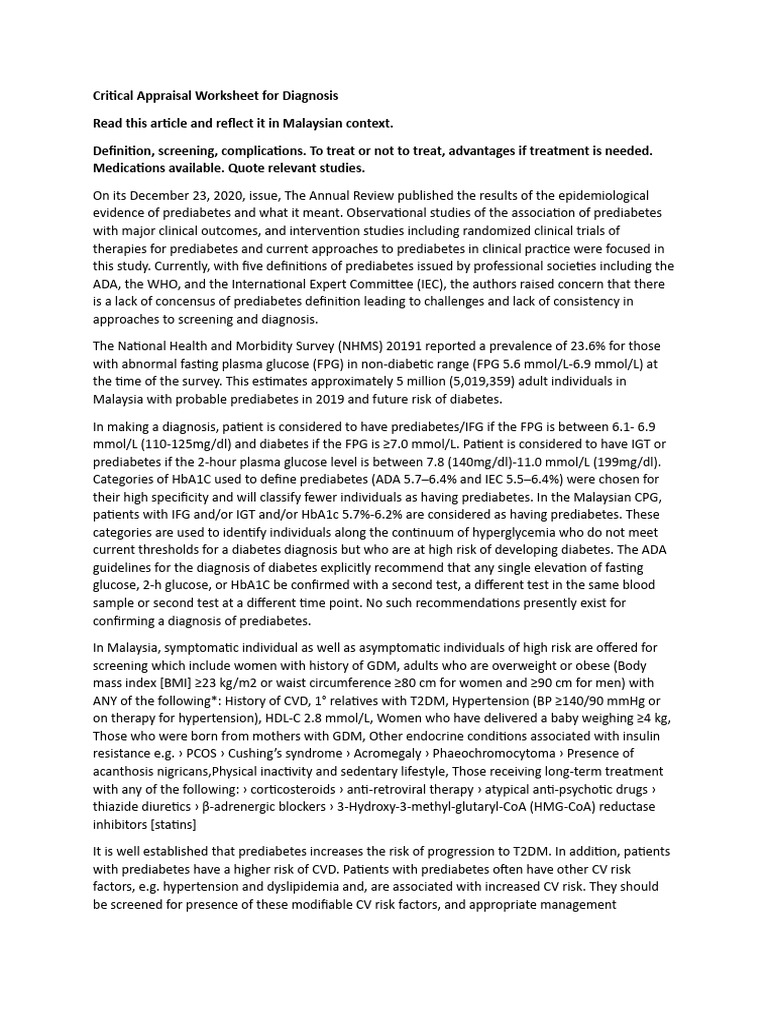 Critical Appraisal Worksheet For Diagnosis | PDF | Prediabetes | Diabetes