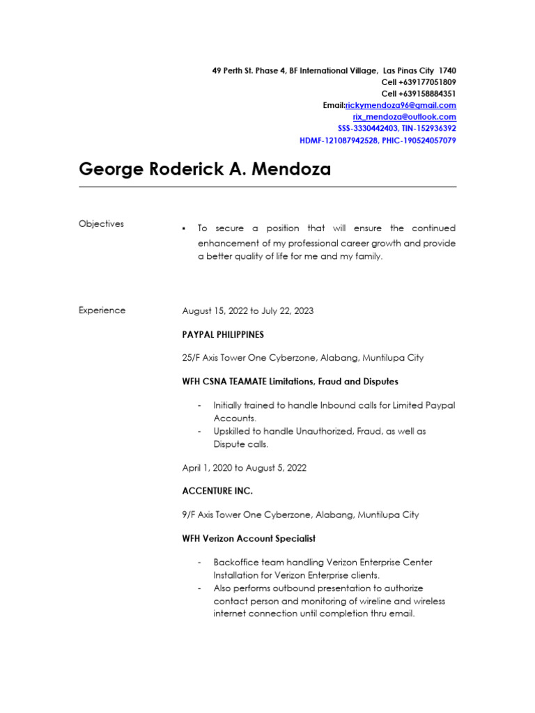 George Mendoza's Professional Resume | PDF | Loans | Technical Support