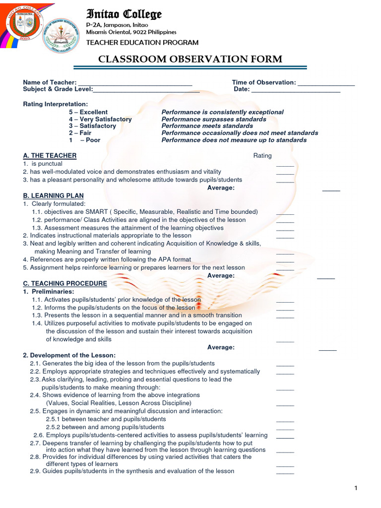 Classroom Evaluation Form | PDF | Learning | Teachers