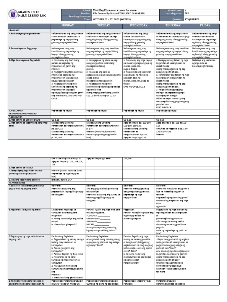 DLL - Epp 5 - Q1 - W9 | PDF