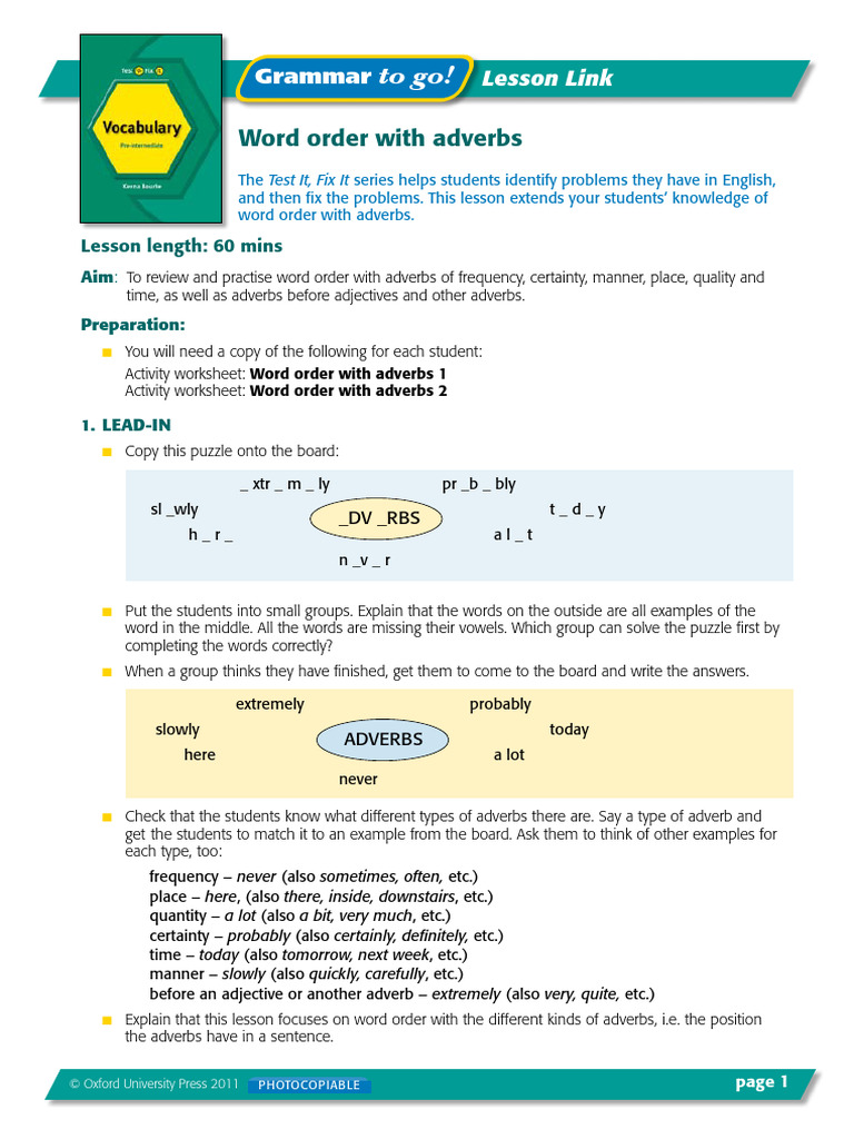 Word Order With Adverbs | PDF | Adverb | Grammar