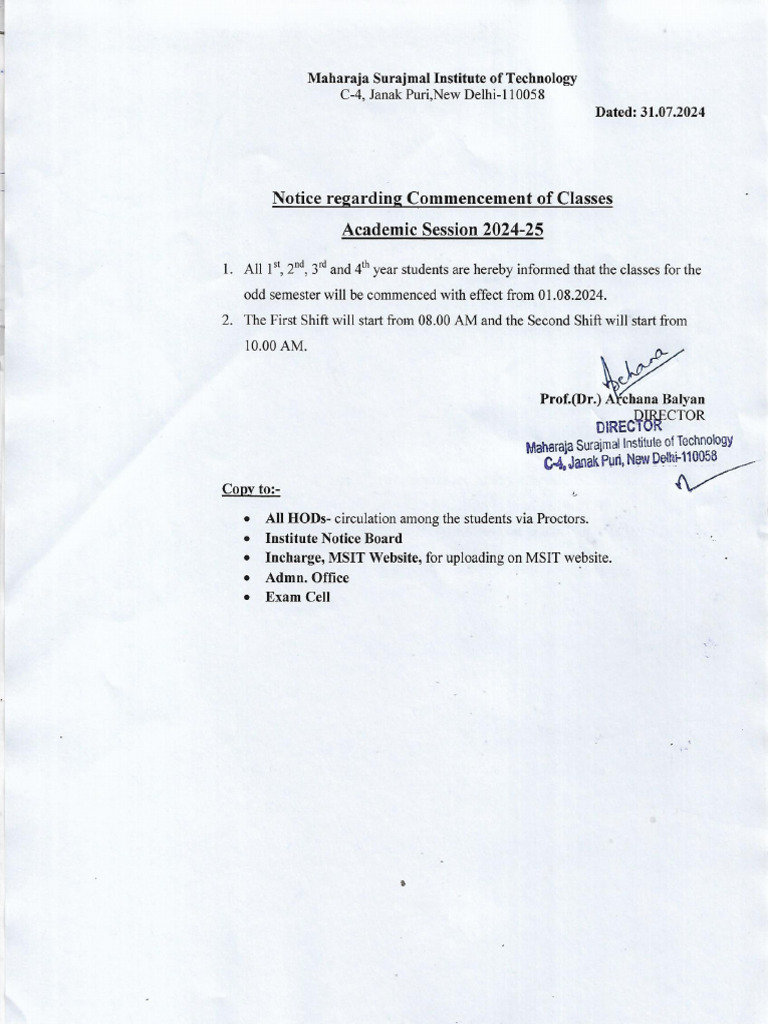 Commencement of B.tech. Classes-MSIT A.Y. 2024-25 | PDF