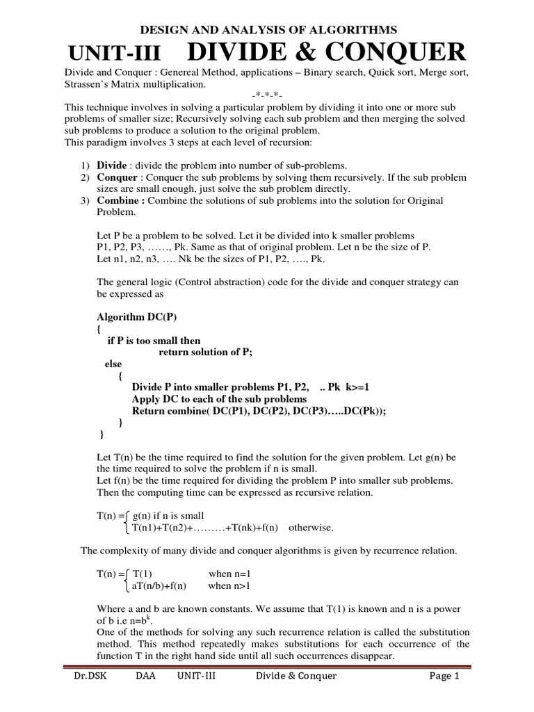Unit 3 Divide and Conquer | PDF | Computer Programming | Computer Science