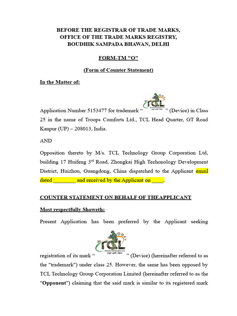 Counter Statement TCL DT 05.08.2024 | PDF | Trademark