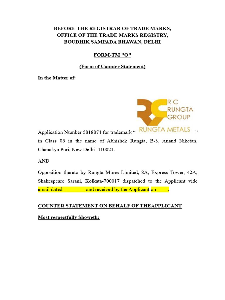 Counter Statement for Trademark Opposition | PDF | Trademark