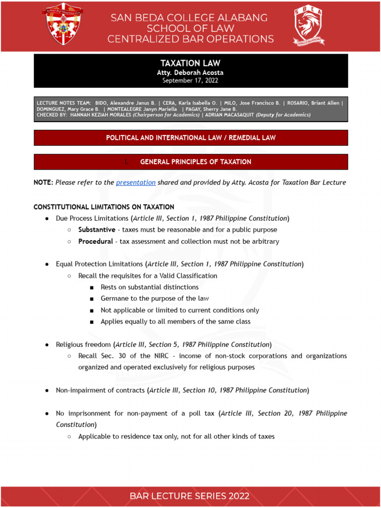 (4 of 11) Sbca Cbo Bar Lecture Notes 2022 - Taxation Law - Atty ...