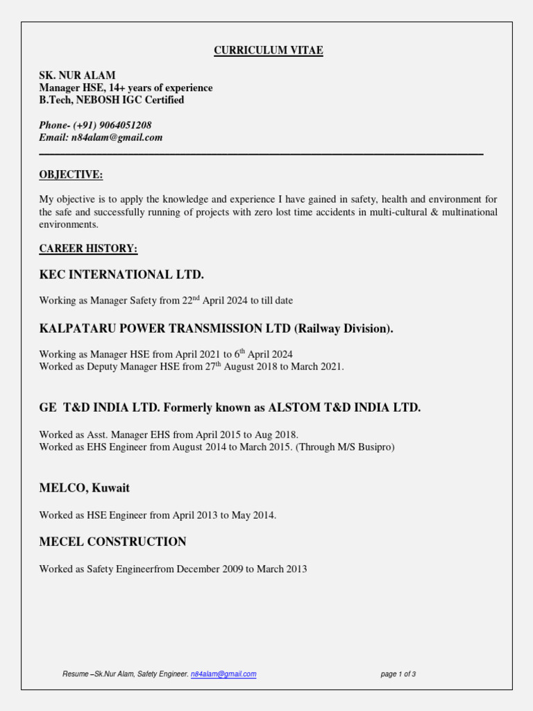 Safety Engineer Resume - Sk. Nur Alam | PDF | Occupational Safety And ...