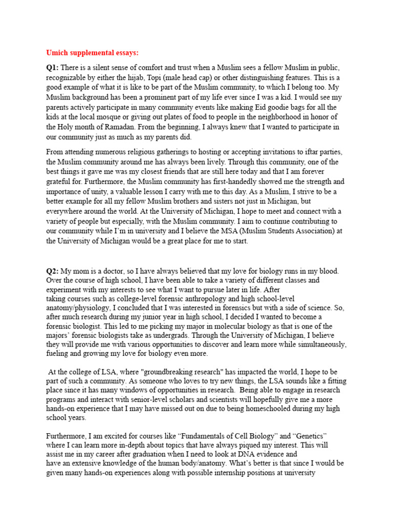 UMich Supplemental Essays: Community & Biology | PDF | Biologist | Biology