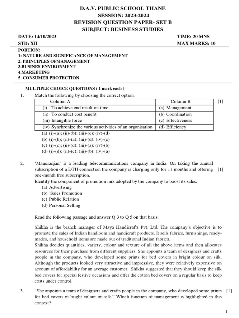 Class 12 B ST T1 TH QP 23-24 (B) - 50 MARKS | PDF | Brand | Volunteering