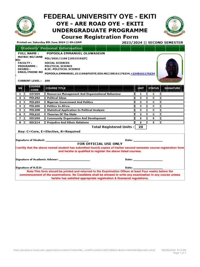 Course Registration Form-Popoola Emmanuel Oluwaseun - SECOND Semester ...