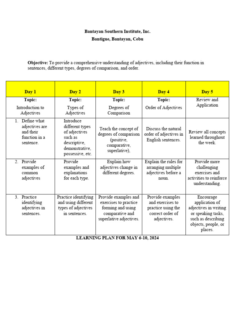 Learning Plan | PDF | Adjective | Language Mechanics