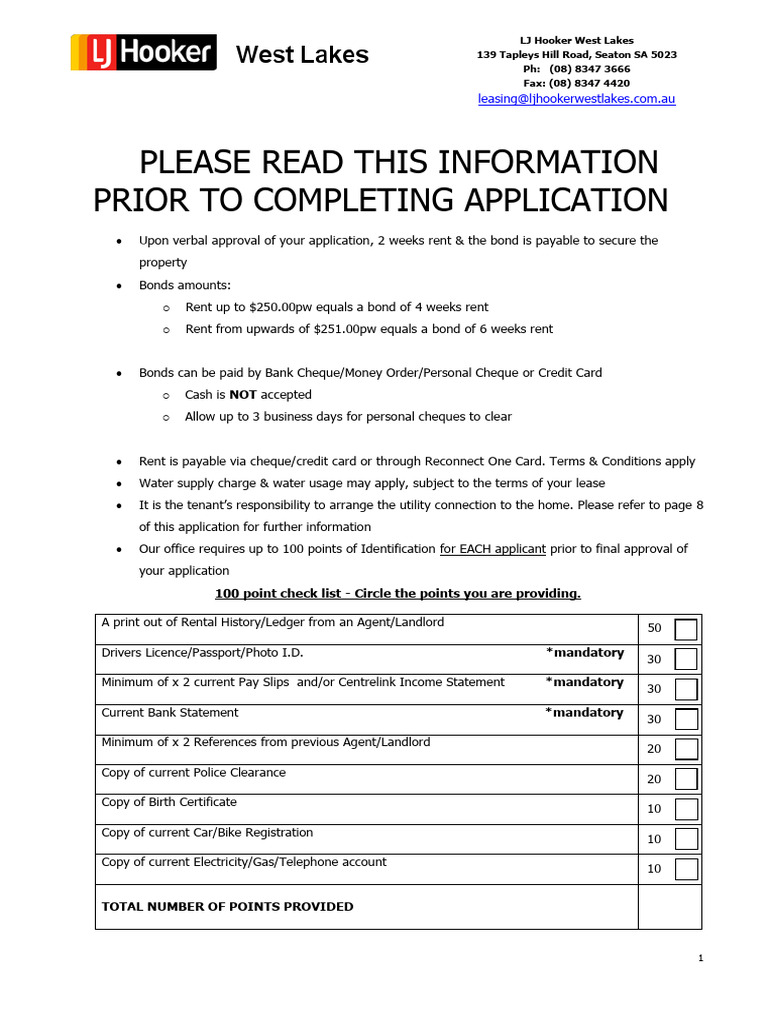 LJ Hooker West Lakes - Application Form PDF | PDF | Leasehold Estate ...