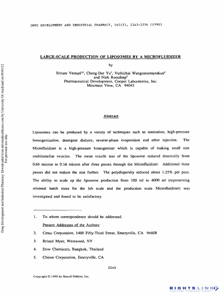 Scalable Liposome Production Using Microfluidizer | PDF | Liposome ...