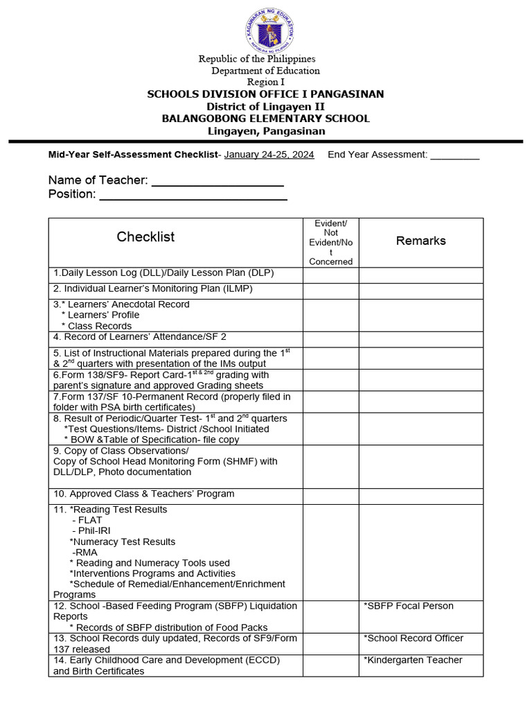BALANGOBONG MID YEAR ASSESSMENT Checklist 2024 | PDF | Learning