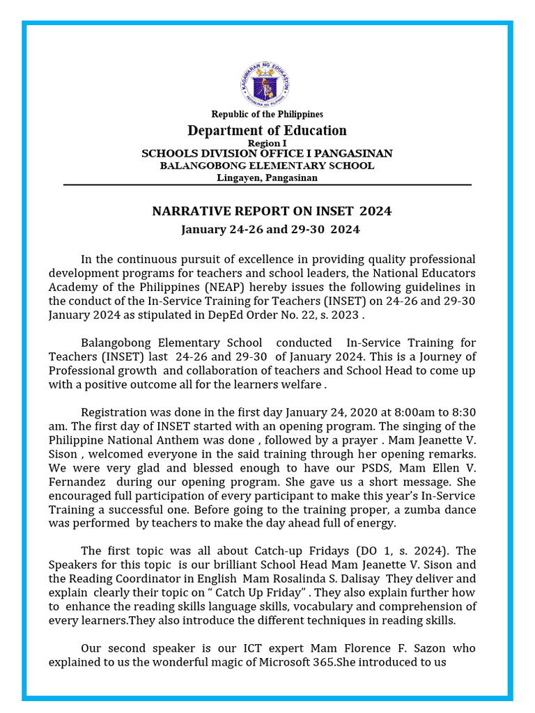INSET 2024 Narrative Report | PDF | Sex Education