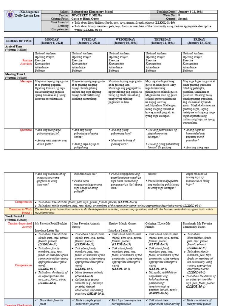 Kindergarten DLL MELC Q2 Week 8 Asf | PDF | Learning | Numbers