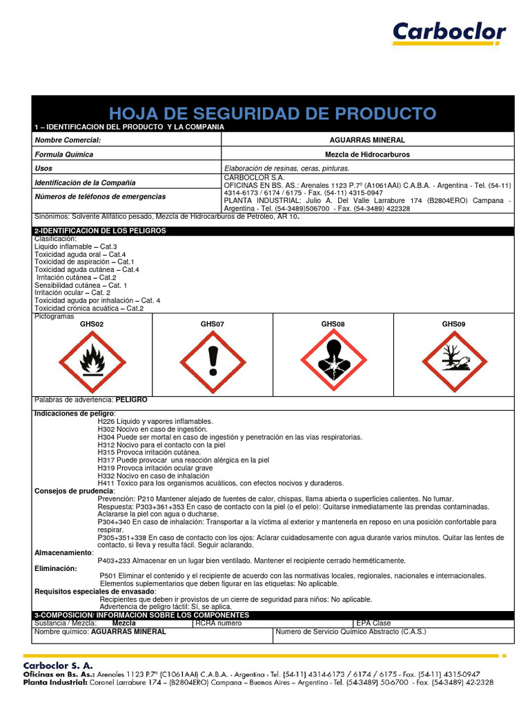 Hoja de Seguridad: Aguarrás Mineral | PDF | Agua