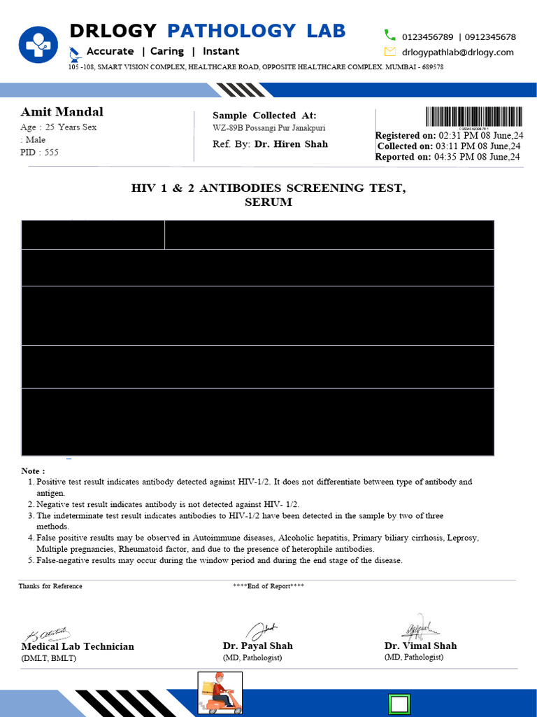 HIV 1 AND 2 ANTIBODIES Test Report Format Example Sample Template ...