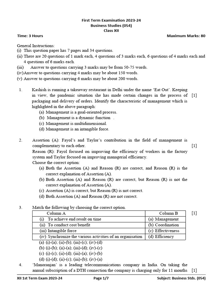 Class 12 B ST T1 TH QP 23-24 | PDF | Marketing | Sales
