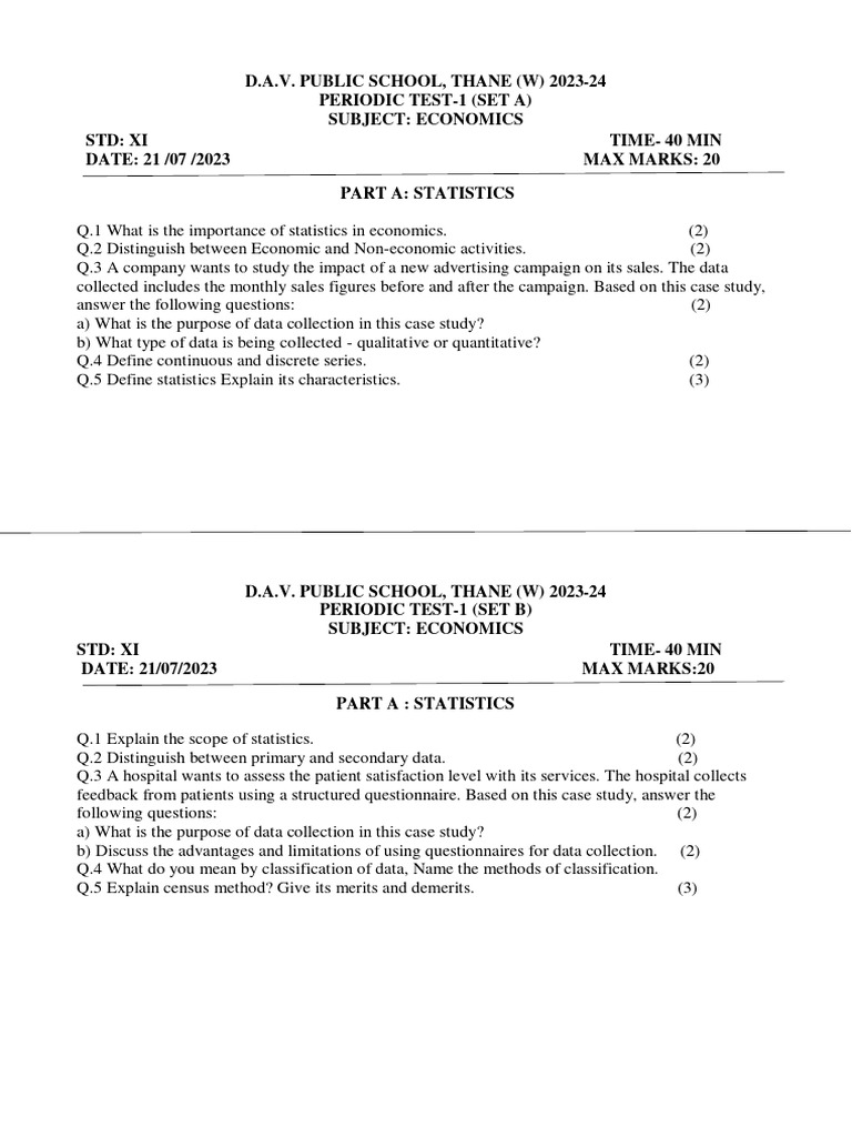 11 PT 1 Eco Question Paper | PDF | Economics | Statistics