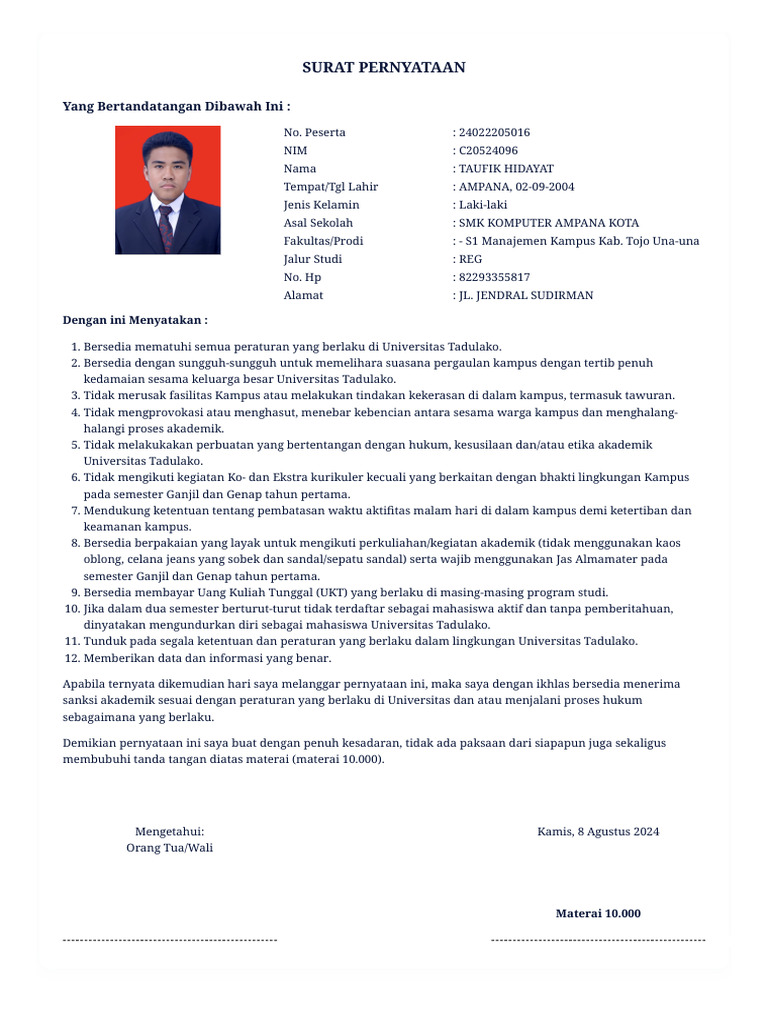Pmb _ Surat Pernyataan Taufik Hidayat (c20524096) | PDF