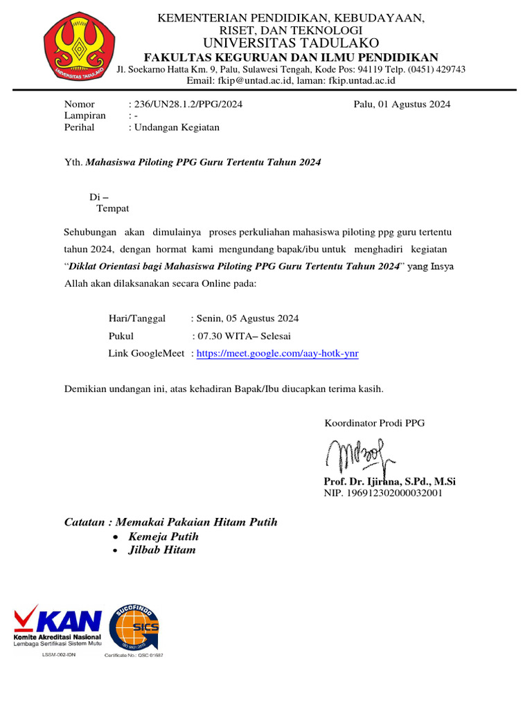 236 SU Mahasiswa Kegiatan Diklat Orientasi Mahasiswa PPG Guru Tertentu Daljab Tahun 2024 (Senin ...