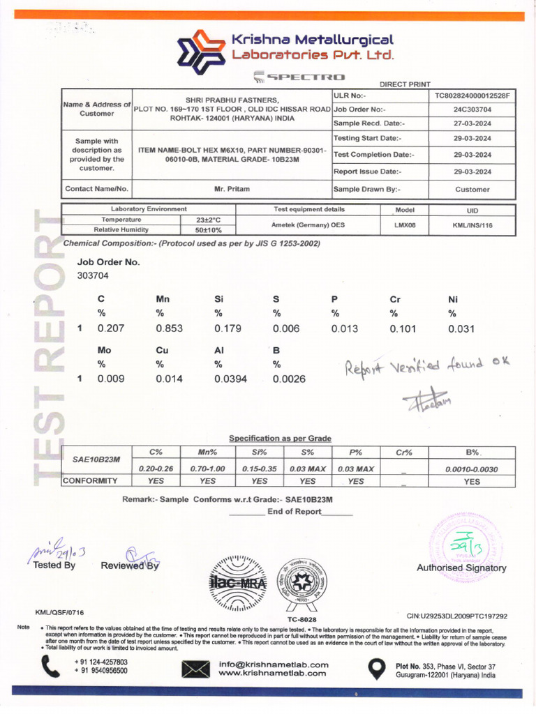 Bolt Hex m6x10 3rd Party Chemical Test Report | PDF