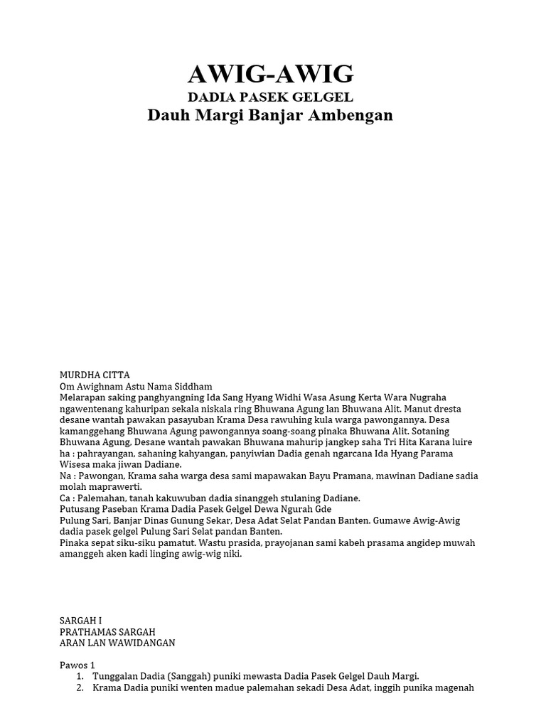 Draft Awig Dadia Pasek Gellgel Dauh Margi | PDF | Kesehatan Holistik