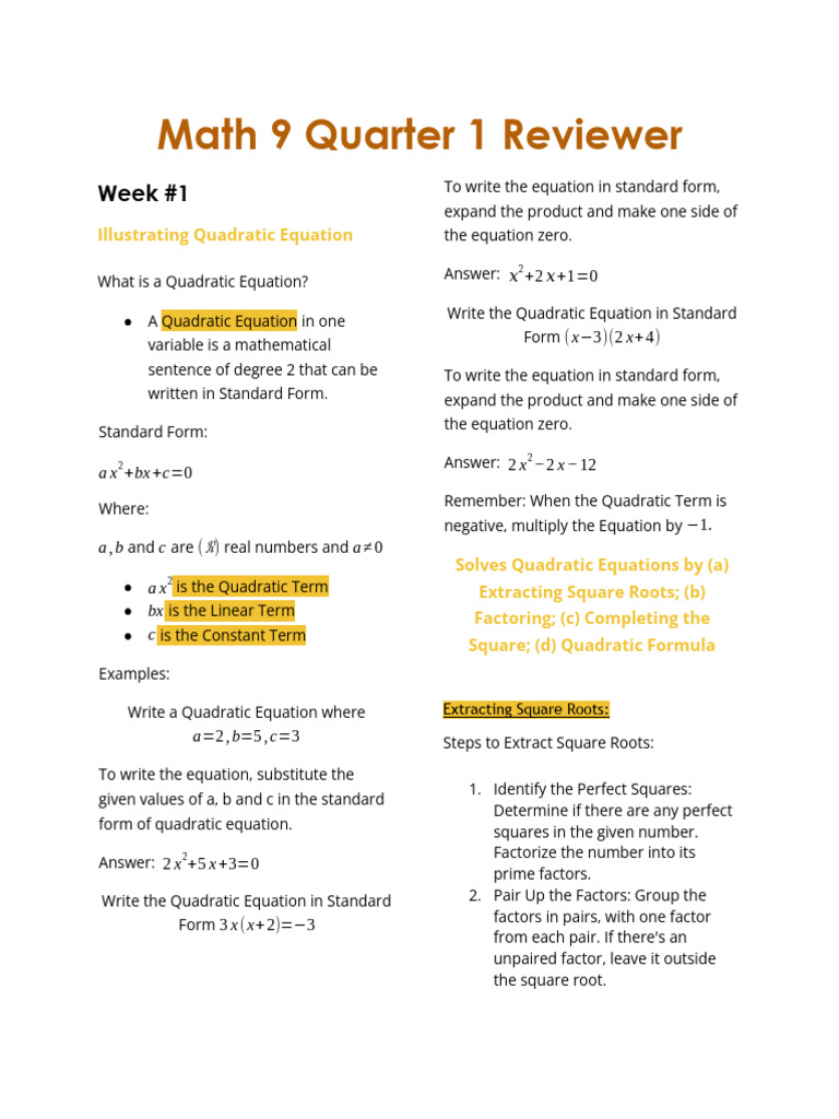Math 9 Quarter 1 Reviewer | PDF | Factorization | Quadratic Equation