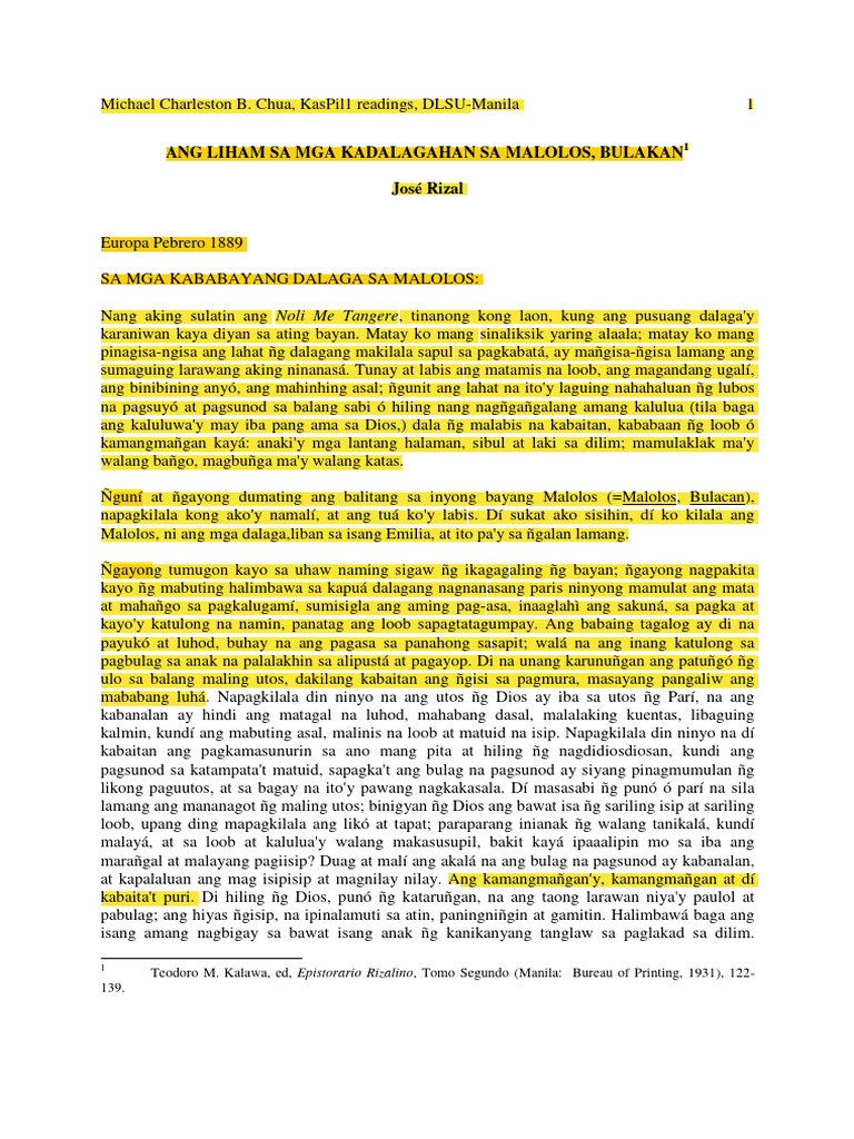 Rizal Liham Sa Kababaihan Ng Malolos | PDF