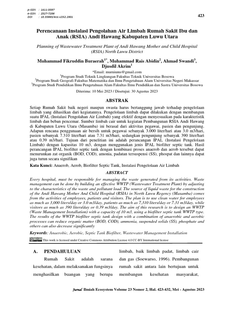Perencanaan Instalasi Pengolahan Air Limbah Rumah Sakit Ibu Dan Anak (RSIA) Andi Hawang ...