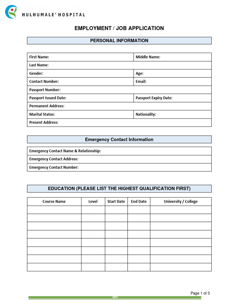 Hulhumale Hospital Job Application Form | PDF | Career & Growth