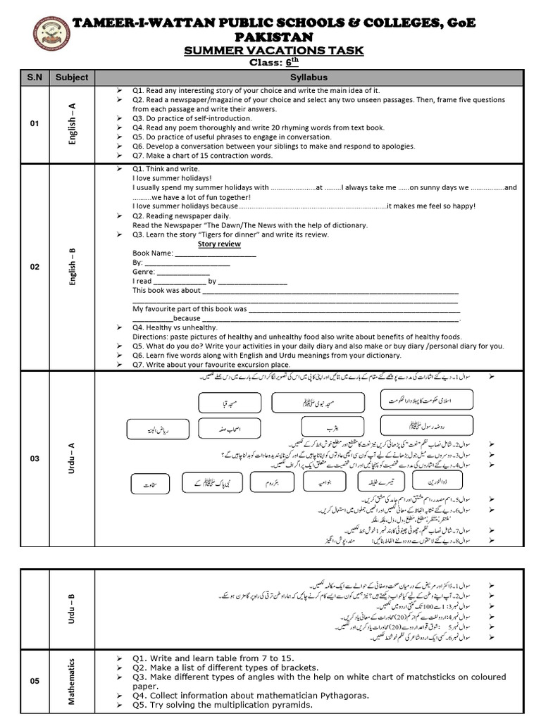 UPDATED Summer Vacation Task 6th & 7th July, 2024 | PDF