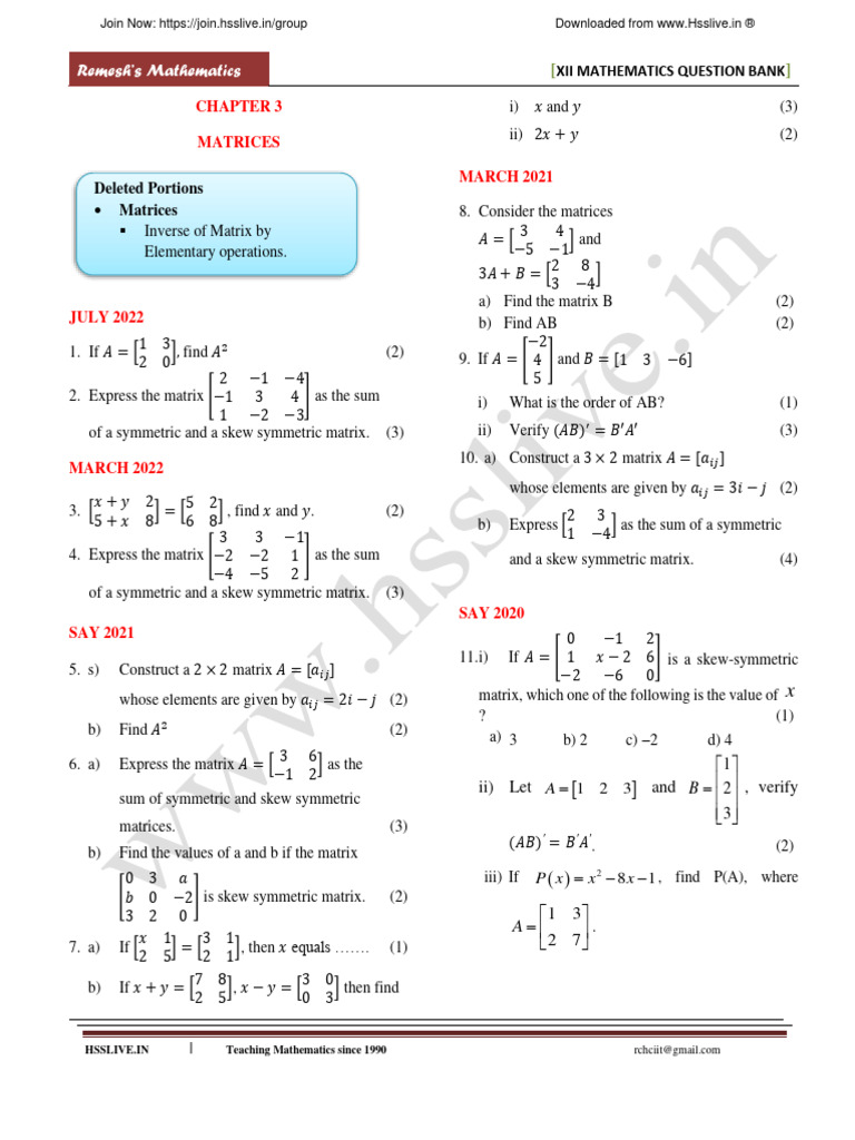 Hsslive Xii Maths QB 2023 3 MATRICES | PDF | Matrix (Mathematics) | Operator Theory