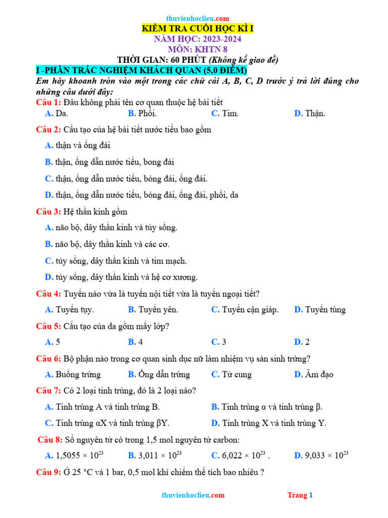 De Thi HK1 KHTN 8 Nam 23 24 | PDF