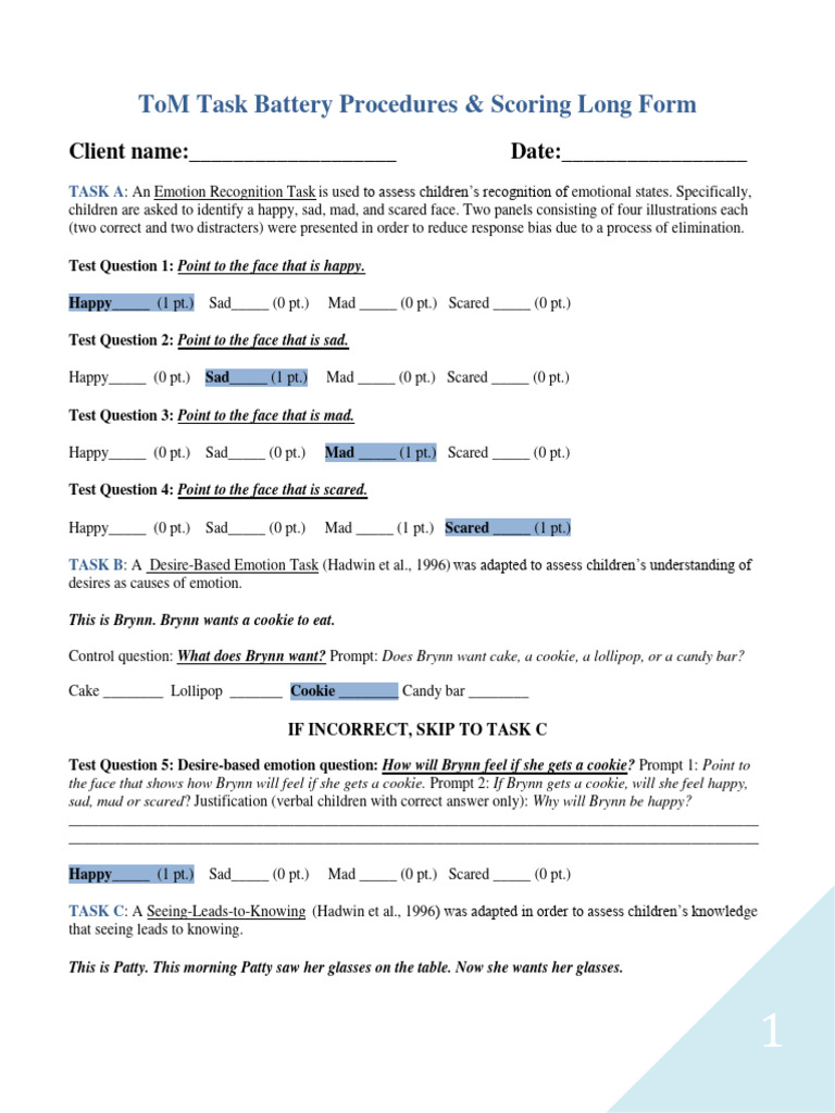 ToM TASK BATTERY SCORE LONG FORM | PDF | Theory Of Mind | Soup