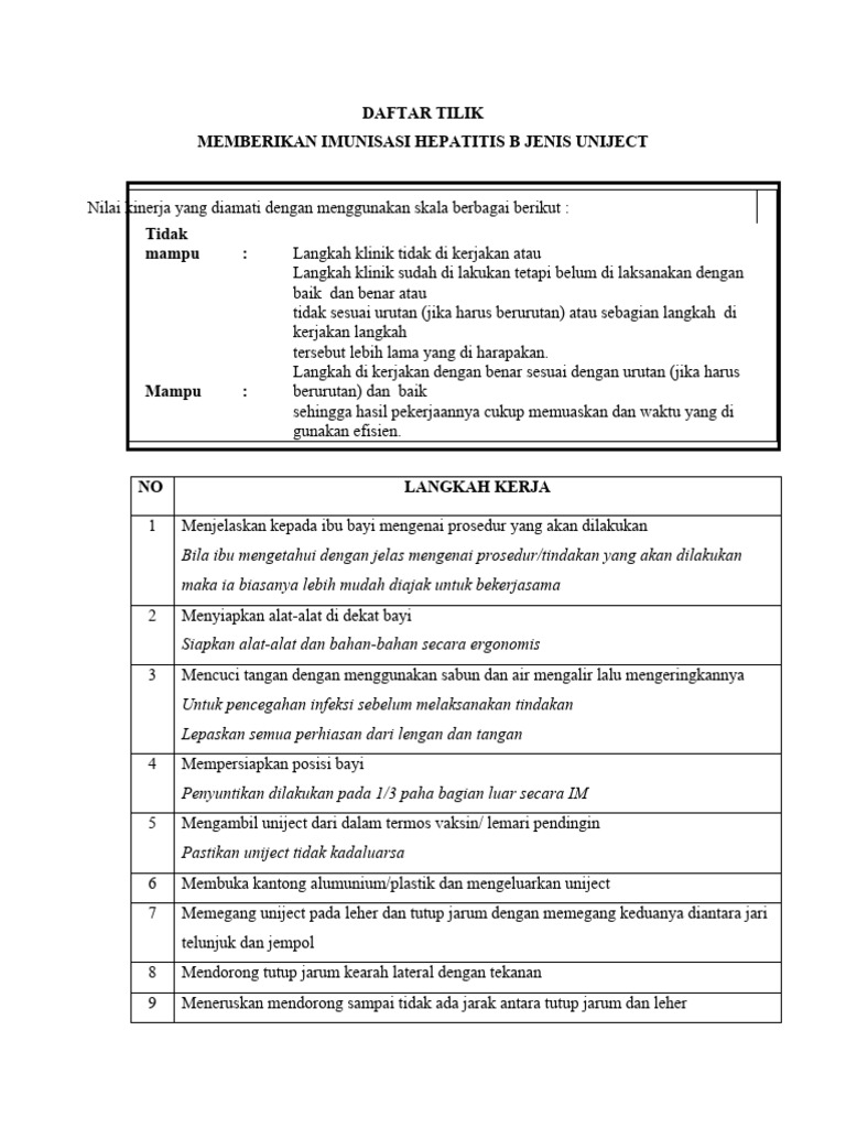 Daftar Tilik Imunisasi HB Uniject | PDF