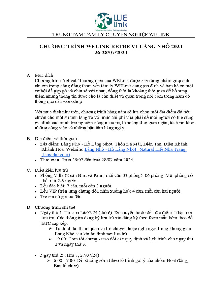 WELink Retreat 2024 Chuongtrinh | PDF