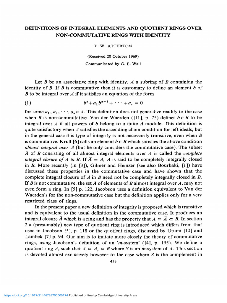 Definitions of Integral Elements and Quotient Rings Over Non-Commutative Rings With Identity ...