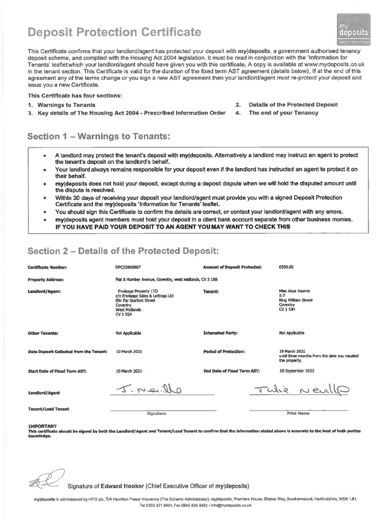 Flat 8 Humber Ave Depoist Certificate | PDF